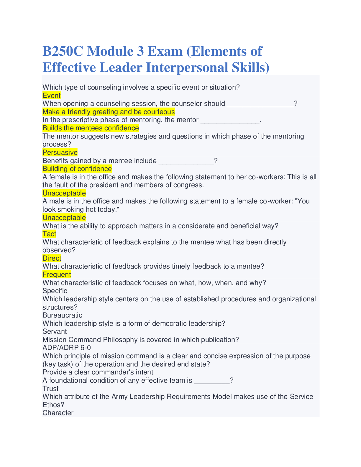 B250C Module 3 Exam (Elements of Effective Leader Interpersonal Skills ...