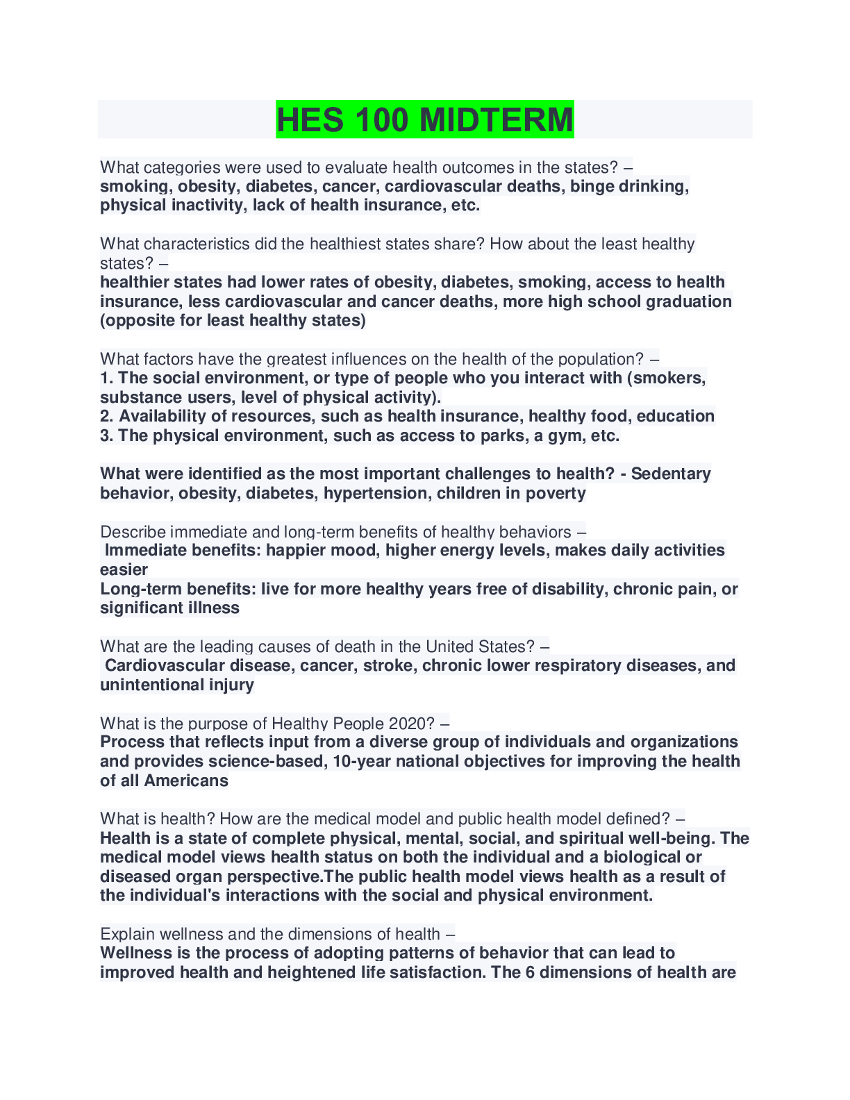 HES 100 MIDTERM; QUESTIONS AND ANSWERS( 100% WITH CORRECT ANSWERS ...