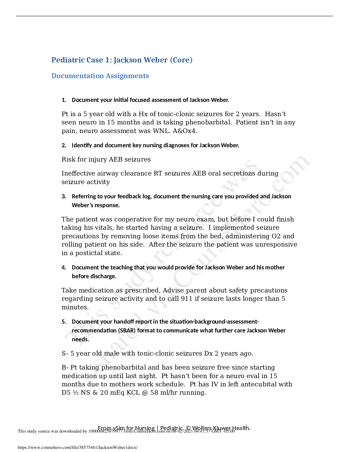Pediatric Case 1: Jackson Weber (Core) Documentation Assignments ... Pediatric Case 1: Jackson Weber (Core) Documentation Assignments ...