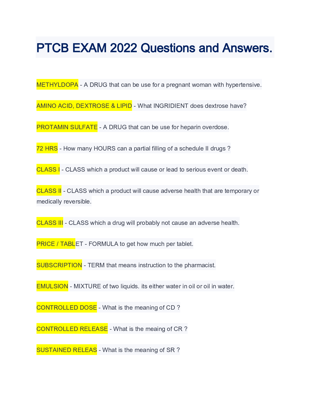 PTCB EXAM 2022 Questions and Answers. - Scholarfriends